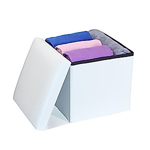 NISUNS OT01 Leather Folding Storage Ottoman Cube Footrest Seat, 12 X 12 X 12 Inches (White)