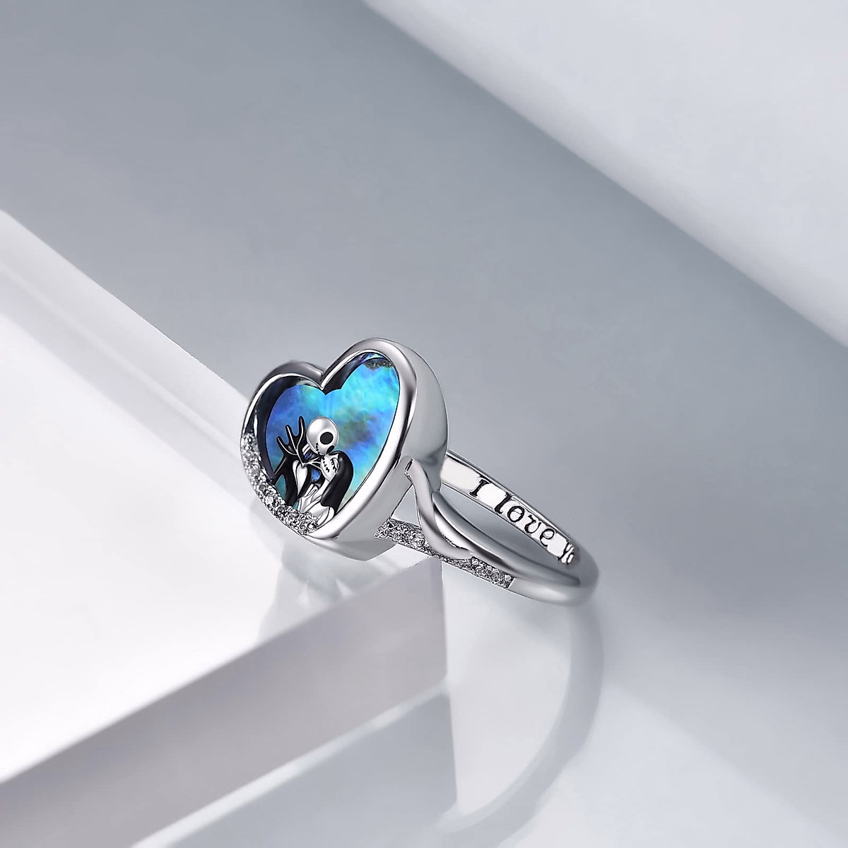 LILALO Nightmare Rings Sterling Silver Abalone Shell Jack and Sally Rings Jack Skellington Jewelry Christmas Gifts for Women Skull Jewelry Heart Rings Birthday Gifts for Women Wife Daughter (6)