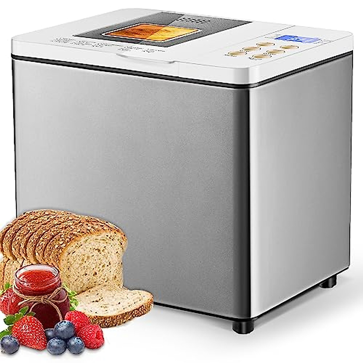 KEEPEEZ Bread Machine Dual-Heaters, 19-in-1 Horizontal Bread Maker, Gluten Free, Sourdough, Pizza Dough, Jam, Stir-Fry Setting, Stainless Steel, 3 Crust Colors, Nonstick Pan, Auto Keep Warm, Recipes