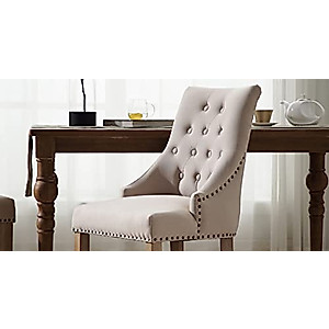 NOBPEINT Dining Chair Beige Fabric Leisure Padded Ring Chair, Nailed Trim, Set of 2