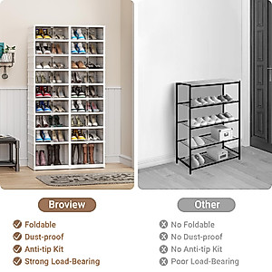 BROVIEW 9 Tier 36Pairs Plastic Shoe Storage Organizer Boxes, Large Collapsible Stackable Shoe Rack for Closet Entryway, Folding Shoe Storage Cabinet Container Sneaker Bin with Clear Doors, White