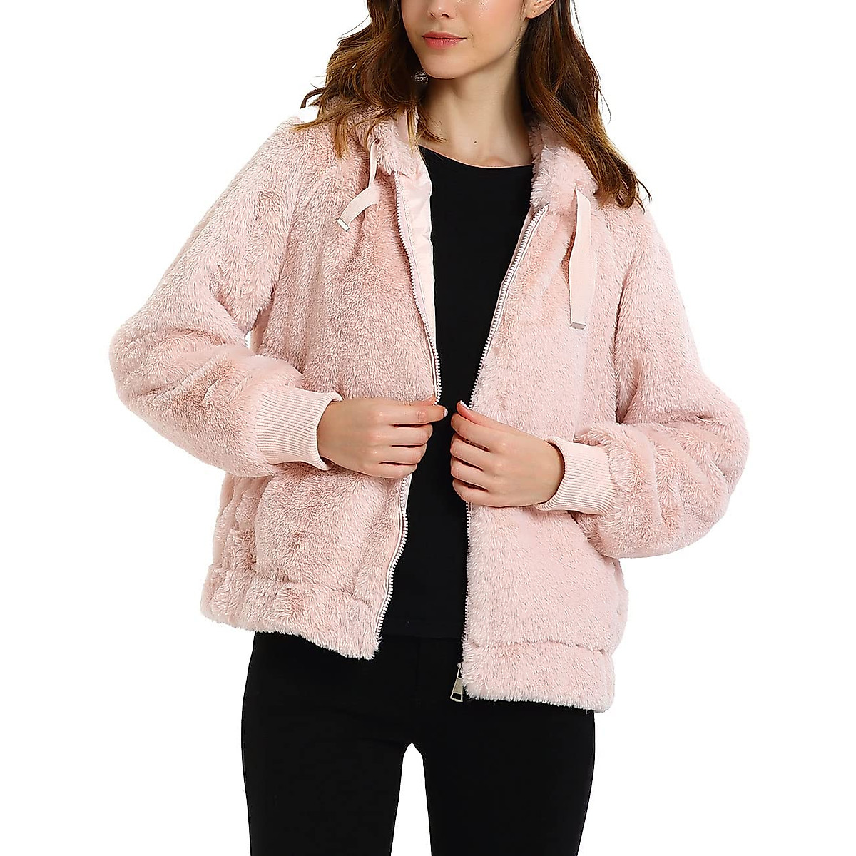 Bellivera Women Faux Fur Coat Spring Clothes Winter The Fluffy Fuzzy Short Shearling Jacket with Hood 1712014 Pink L