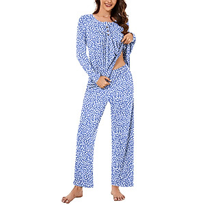 Bestbee Womens Pajama Set Plus Size, 2 Piece Lounge Outfits Pleated Sleepwear Sets Long Sleeve With Pockets Ladies Pjs, 3XL, Spotted Blue