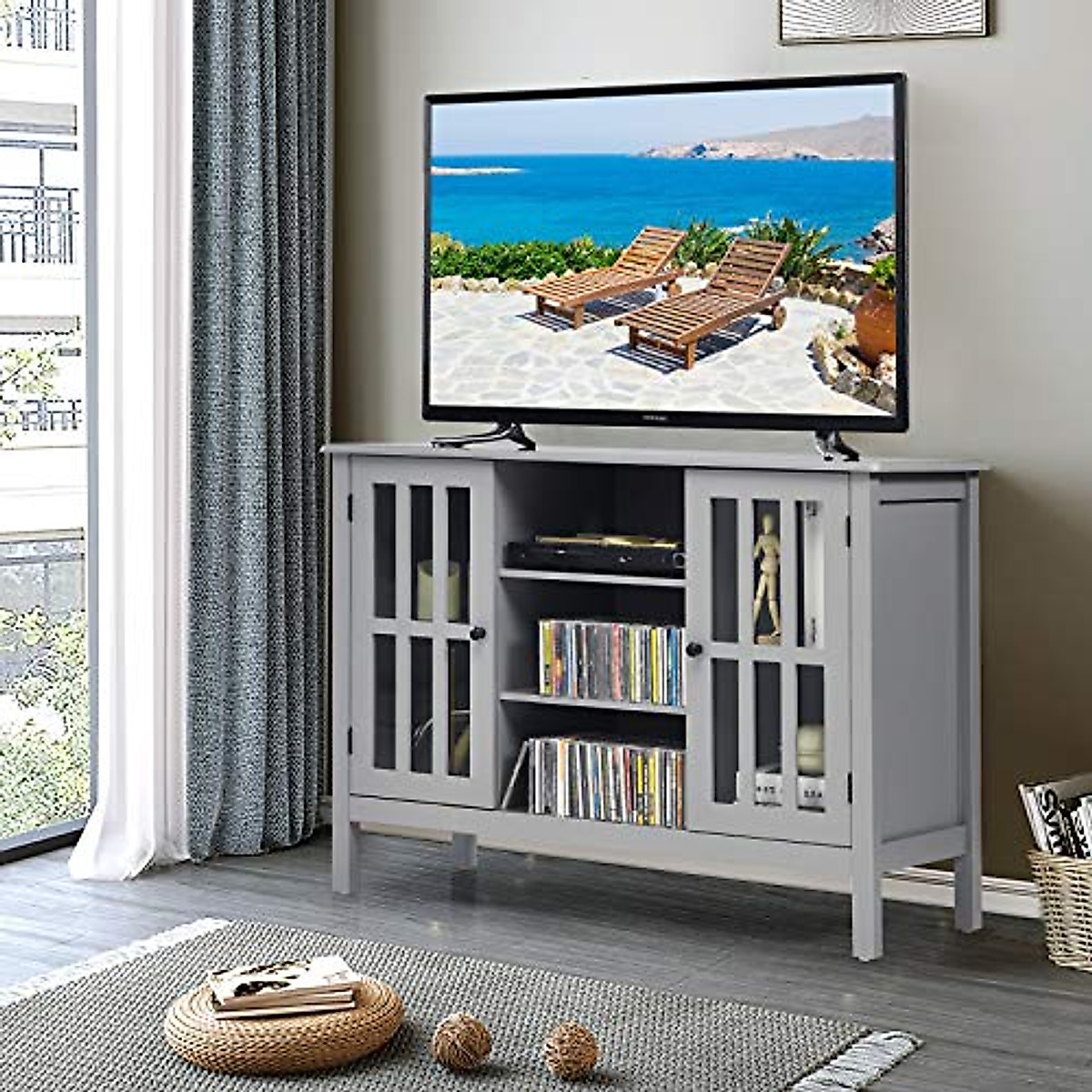 Tangkula TV Stand, Modern Tall Entertainment Center for TVs up to 50", Media Console w/2 Storage Cabinets & 3 Open Shelves, Wire Hole, Wood TV Console Table for Living Room, Grey