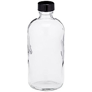 JG Finneran D0149-8 Clear Borosilicate Glass Standard Boston Round Bottle with Black Phenolic Closure, PE Cone Lined, 24-400mm Cap Size, 8oz Capacity (Pack of 12)
