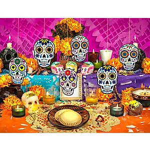 FaCraft Day of Dead Sugar Skulls Decorations,20pcs Dia de Los Muertos Skulls Sign Mexican Fiesta Skeleton Hanging Sign for Halloween Party Decorations Supplies