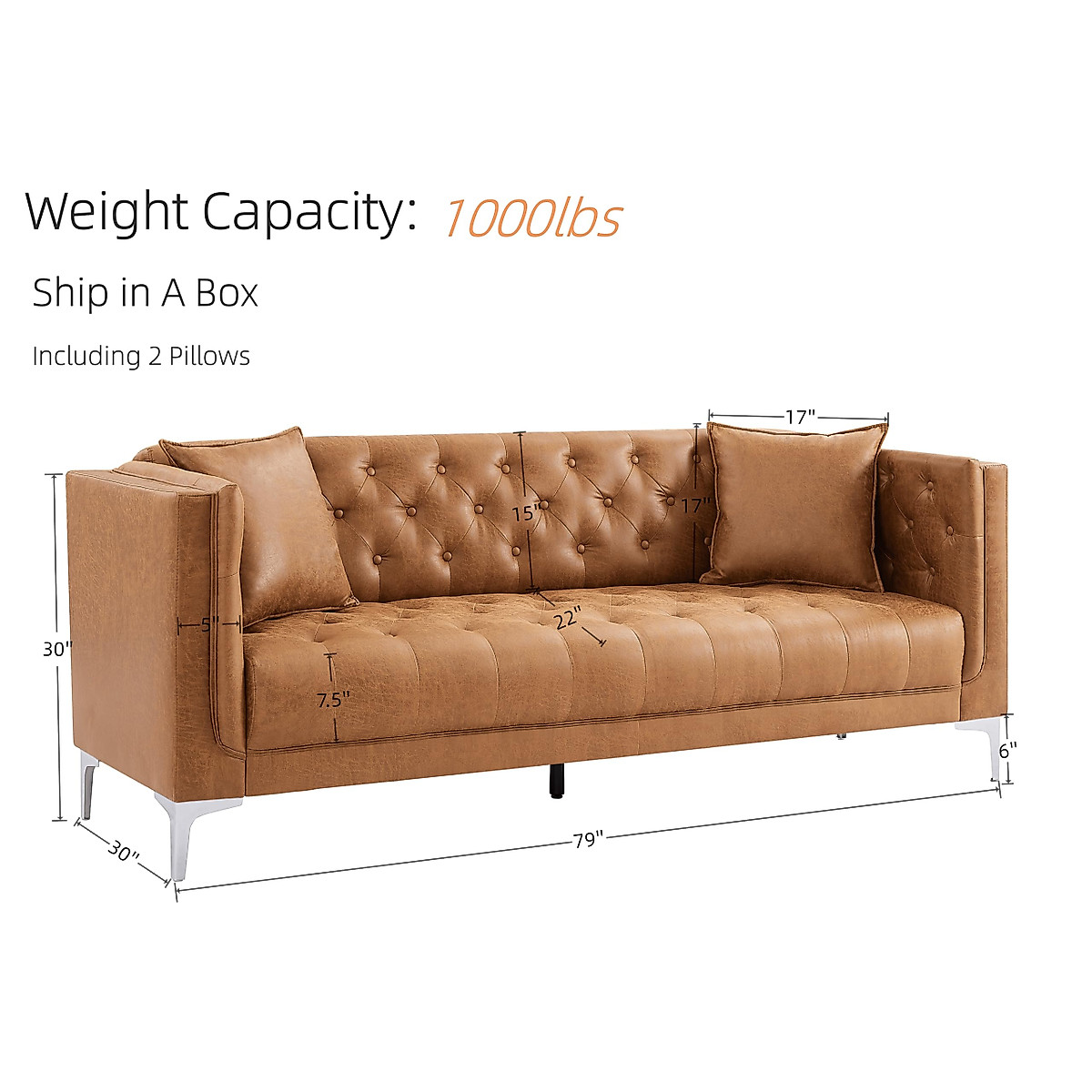 HIFIT 79'' Modern Sofa Couches for Living Room, 3 Seater Sofa with Deep Seats and 2 Pillows, Handmade Button Tufted Leather Couch for Apartment | Office 79''W x 30''D x 30''H, Brown