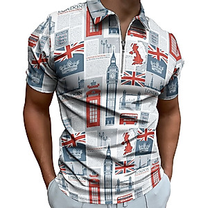 Theme of UK and London British Flag Men's Polo-Shirts Short Sleeve Golf Shirt Slim Fit Casual Zip T-Shirts Tops M