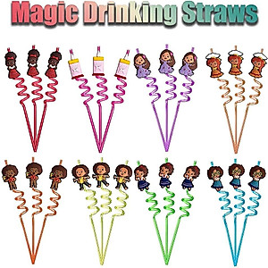 24Pcs Encan Party Favors Reusable Plastic Straws, Great Miagic Birthday Gift Filler for Encan Magic Movie Birthday Theme Party Supplies for Kids with 2 Cleaning Brush