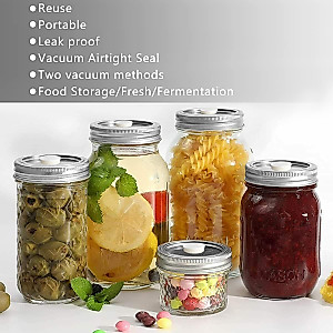 SOCTKE Mason Jar Vacuum Sealer Set,6PCS Stainless Steel Lid SplitType with Vacuum Valve,with Leak proof & Airtight Seal Features,Use for Food StorageFreshFermentation(with Hose and Manual Vacuum