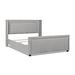 Jennifer Taylor Home Elle Collection Modern Upholstered King Size Bed Frame, Nailhead Trim, Silver Gray