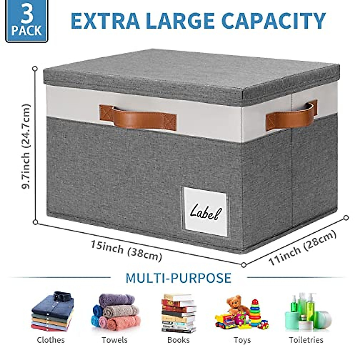 GhvyenntteS Storage Bins (6-Pack) Large Closet Storage Bins with Lid and 3 Handles, Sturdy Fabric Cube Storage Boxes with Label Window for Home Bedroom Office (Grey, 15" x 11" x 9.6")