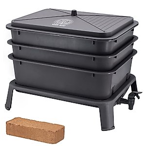 Worm Nerd WN40 4-Tray Worm Composting Bin Kit with Coco Coir Brick for Recycling Food Waste, Worm Castings, Worm Tea, Vermiculture and Vermicomposting