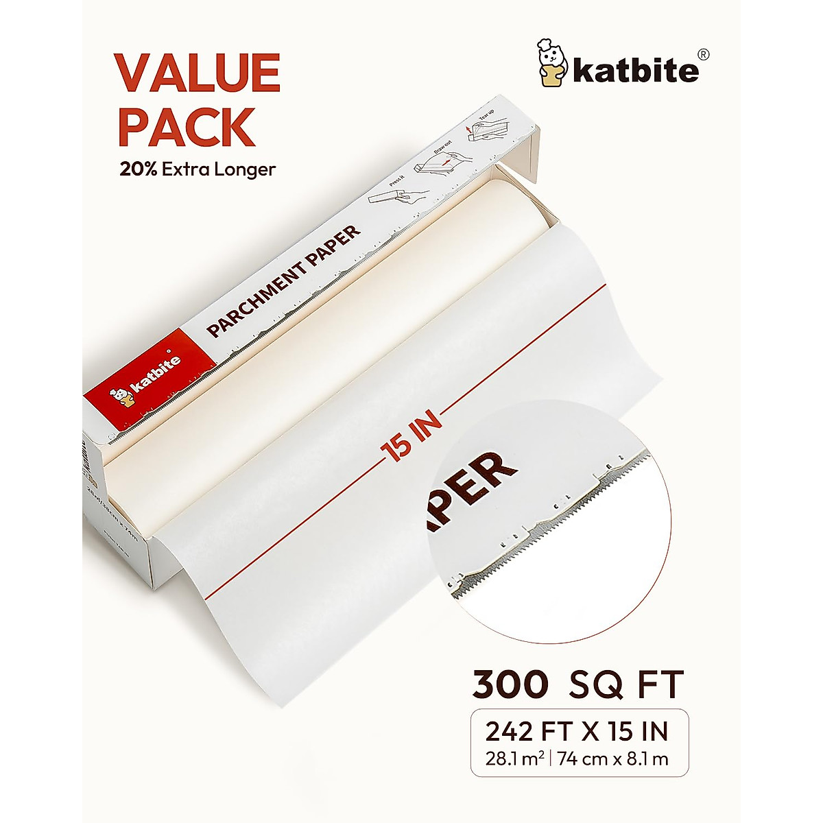 Katbite 15in x 242ft, 300 Sq.Ft Value Pack Parchment Paper Roll for Baking, Parchment Baking Paper with Serrated Cutter, Heavy Duty & Value Pack Parchment Roll for Cooking, Air Fryer, Steaming, Bread