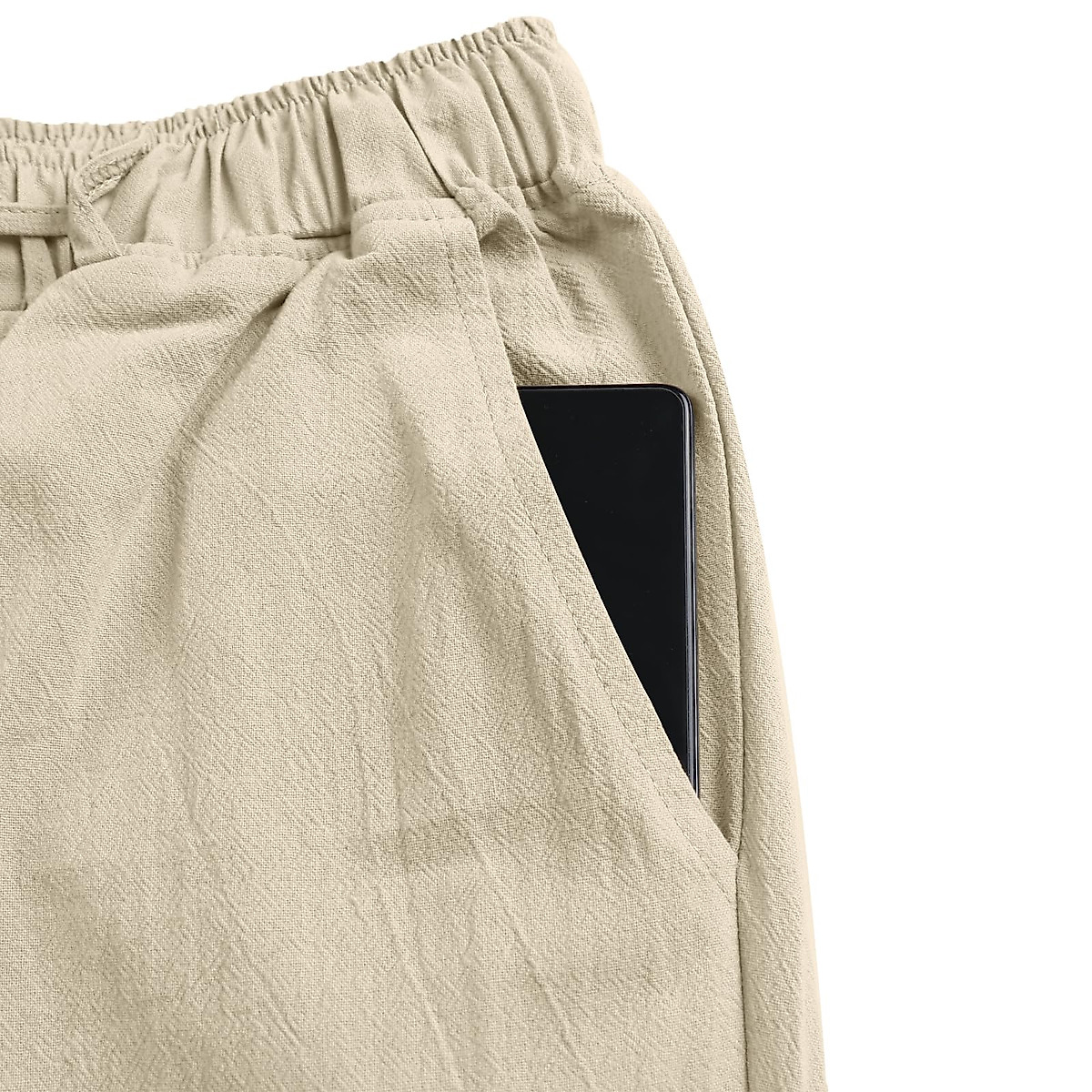 NANAMEEI Beach Pants for Men Casual Mens Linen Pants Elastic Waistband with Drawstring Zipper Pocket Beach Pants Khaki M