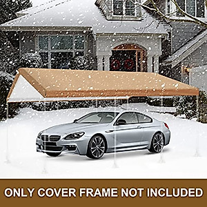 MARVOWARE 12x20 ft Car Canopy Replacement Carport Tarp Cover with Fabric Pole Skirts Ball Bungees for Tent Top Garage Boat Shelter(Only Tarp Cover) Brown