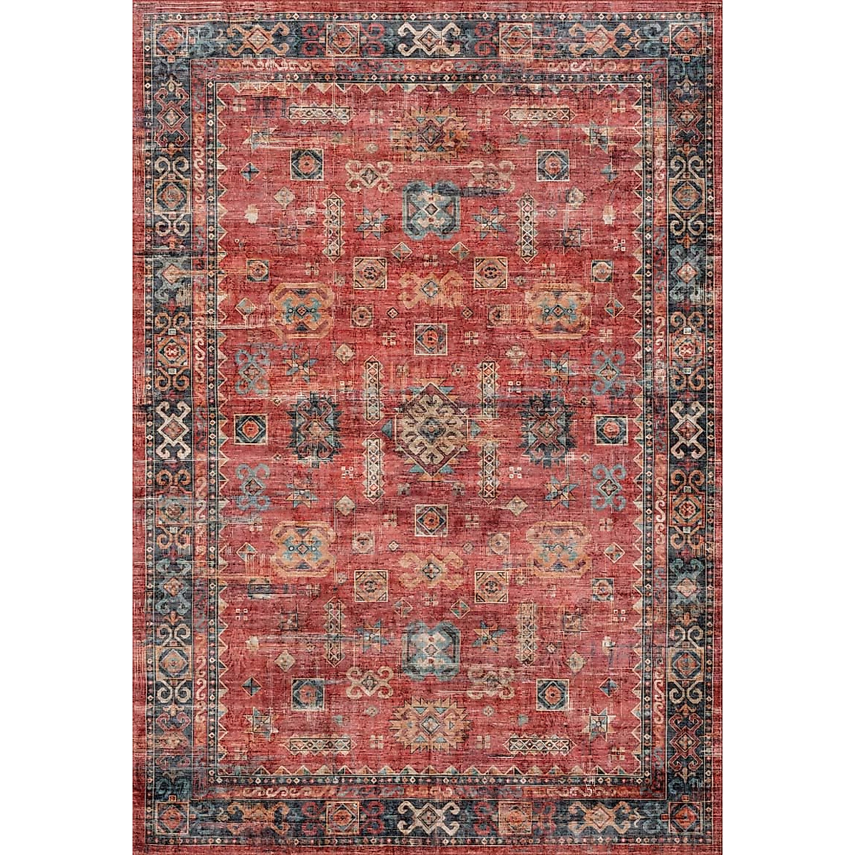 QQL Rug for Living Room, Machine Washable Area Rugs 9'x12' for Bedroom, Ultra-Soft Non-Shedding Faux Wool Vintage Design Boho Low Pile Mat Throw Carpet，Stain Resistant Rugs with Non-Slip Backing