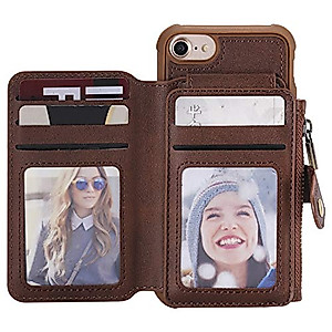Leather Case for iPhone 7 iPhone 8,Fashion 4.7inch Kickstand Magnetic Buckle Zipper Coin Pocket Coffee 8Card Slot (ID Card,Credit Card),Accurate Cutouts Photo Frame Cash Slot Gift Girls Boys Unisex