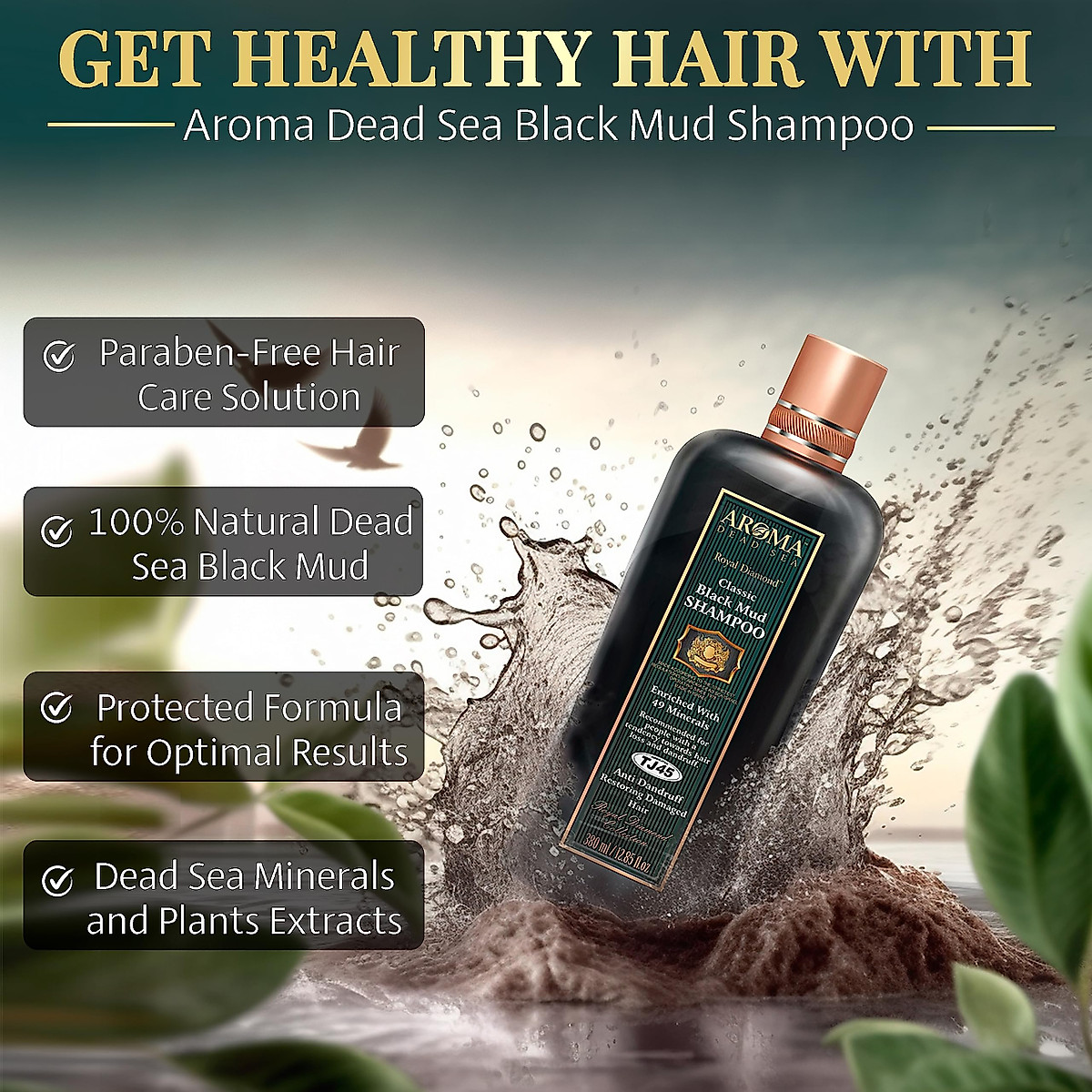 Aroma Dead Sea Black Mud Shampoo - Fights Dandruff, Thinning Hair, Weak Roots & Itchy Scalp. Prevents Hair Loss & Encourages Growth. Ideal for Damaged Hair (12.85 fl.oz)
