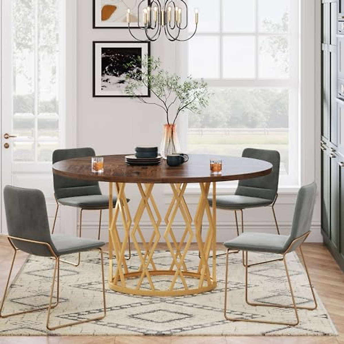 Tribesigns Round Dining Table for 4 People, Circle Dining Room Table with Metal Base, 47.2 Inch Round Kitchen Dinner Table for Living Room Kitchen Dining Room (Gold and Brown)