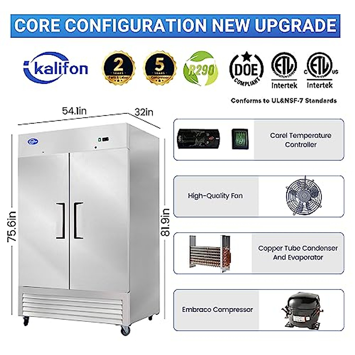 kalifon 54" Commercial Freezer with 2 Solid Door, 49 Cu.ft Reach-in Stainless Steel Freezer, Fan Cooling Freezer for Restaurant, Bar, Home, Shop, and Business(Equip 8 Shelves)