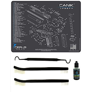 Canik TP9 SFX 5 PC EDOG Cerus Gear Schematic (Exploded View) Heavy Duty Pistol Cleaning 12x17 Padded Gun-Work Surface Protector Mat Solvent & Oil Resistant & 3 PC Cleaning Essentials & Clenzoil