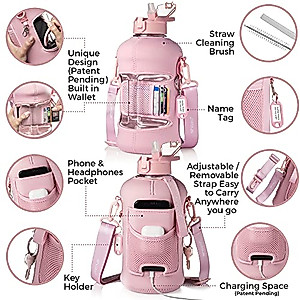 Half Gallon 2.2L Water Bottle With Straw 74oz Large Gym Water Bottle With Storage Sleeve, Bottle Brush, BuiltIn Wallet, Pockets for Phone & AirPod, BPA Free Big Sports Water Jug w/Carry Handle, Pink