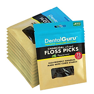 Dental Guru Charcoal Dental Floss Picks - Refreshing Peppermint Flavor - Biodegradable Handles for Sustainable Oral Care - Removes Plaque, Tartar & Prevents Bad Breath - Pack of 12 (75 Count/Pack)