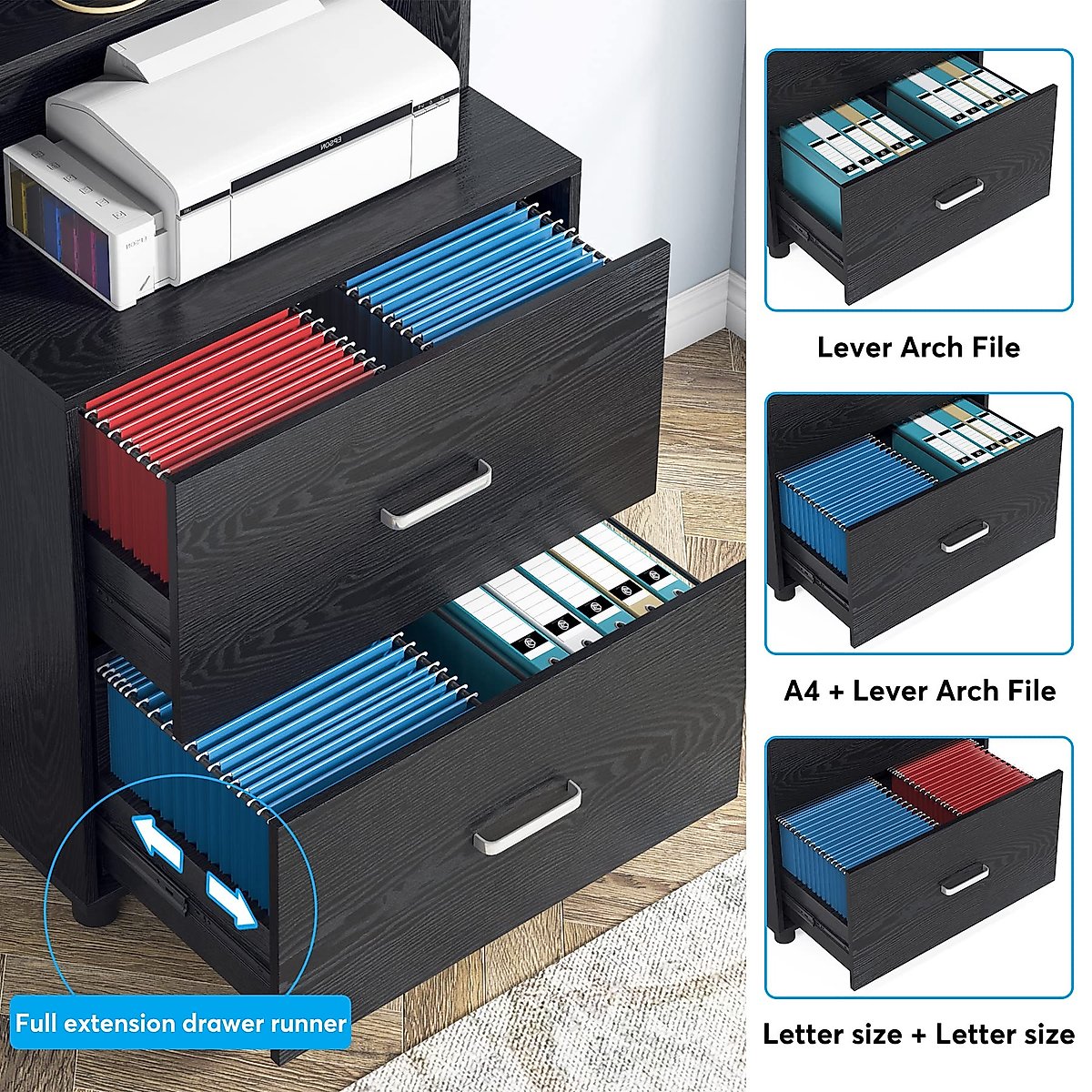 Tribesigns Vertical File Cabinet Modern Wood Filing Cabinet with 2 Large Drawer fit Letter/A4 Size, Large Printer Stand with 4 Open Storage Bookshelves for Home Office, Black