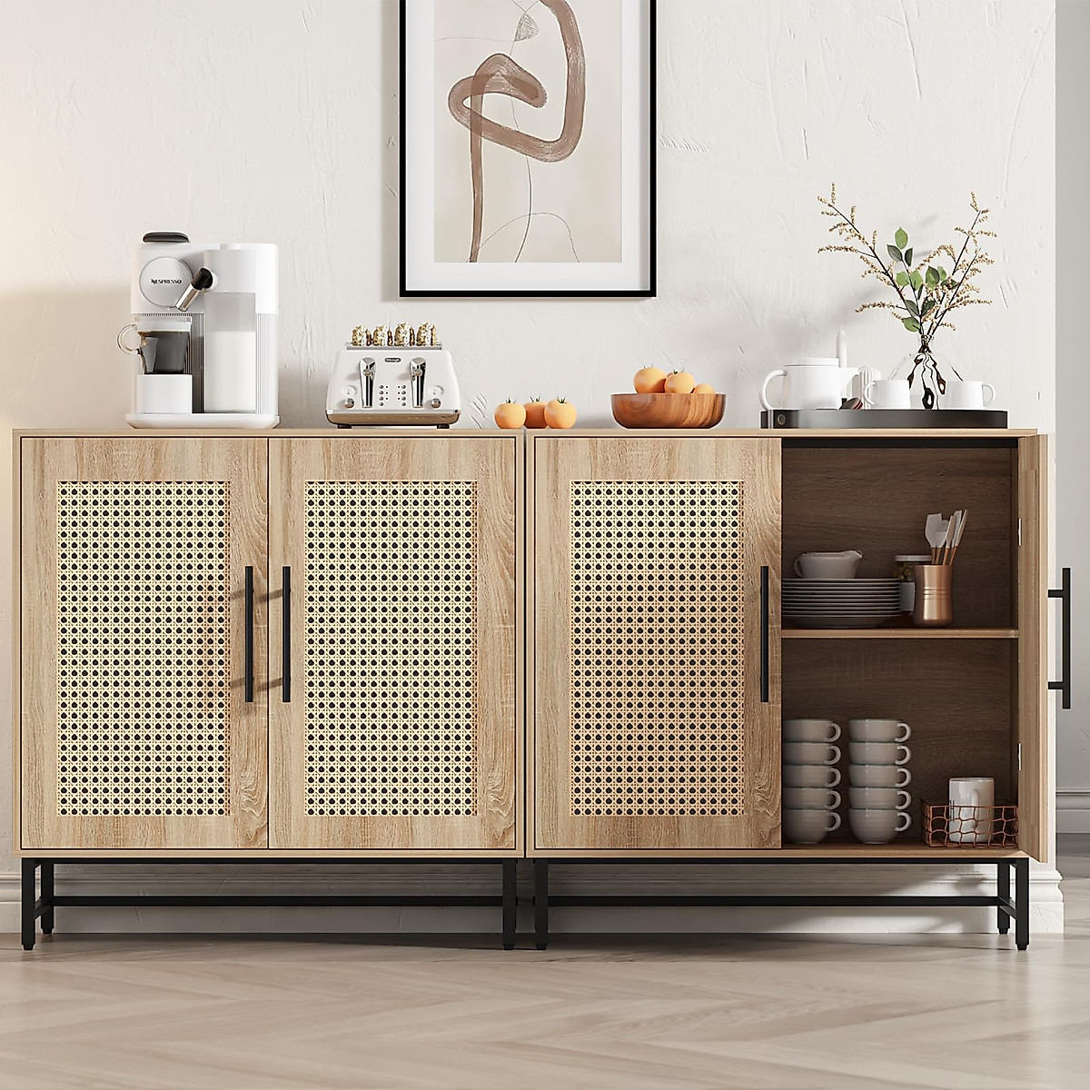 KFO Storage Cabinet with Handmade Natural Rattan Doors, Rattan Buffet Cabinet, Sideboard for Living Room, Hallway, Dining Room, Entryway