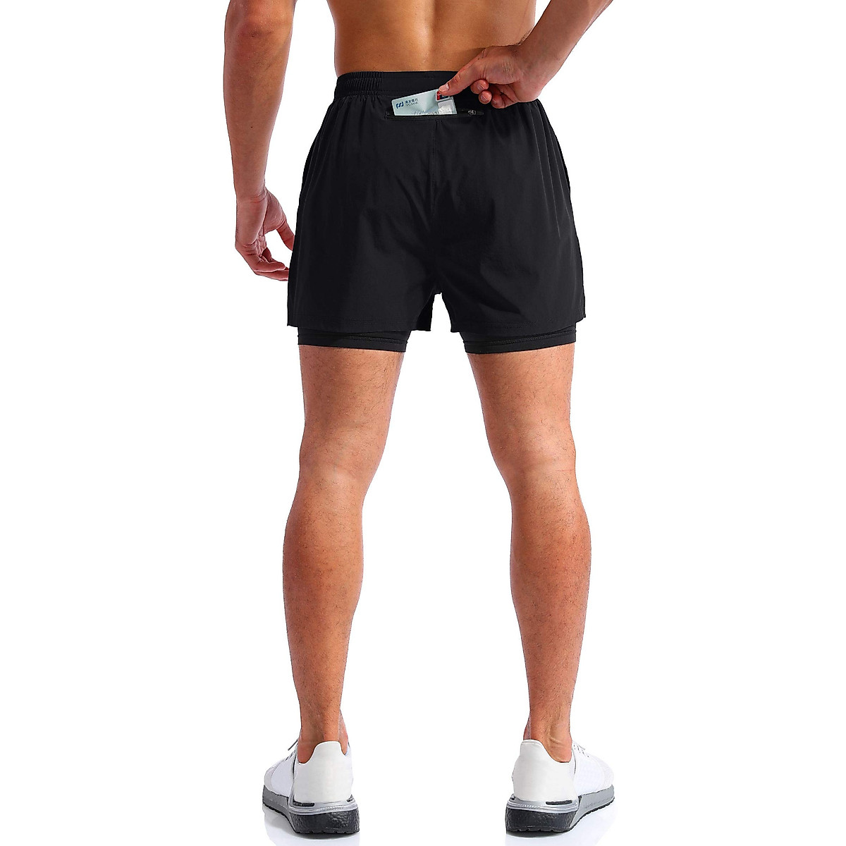 Pudolla Men’s 2 in 1 Running Shorts 5" Quick Dry Gym Athletic Workout Shorts for Men with Phone Pockets(Black Medium)
