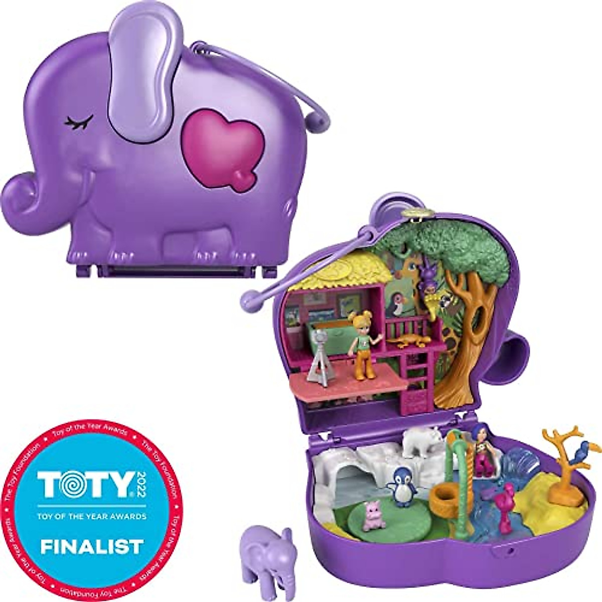 Polly Pocket Compact Playset, Elephant Adventure with 2 Micro Dolls & Accessories, Travel Toys with Surprise Reveals