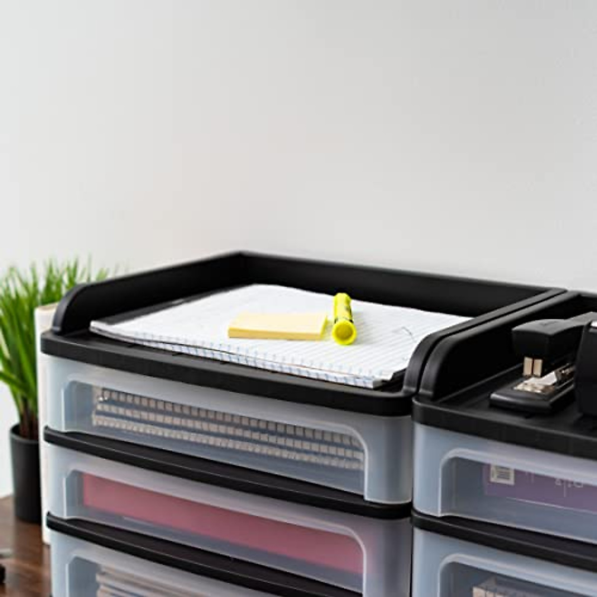 IRIS USA Medium 3-Drawer Desktop Organizer with Open Tray Top, 2 Pack, for Office, School, Stationary, Makeup Organizer, Bathroom, Utility, Medical Supplies, Desk Organizer, Versatile Storage, Black