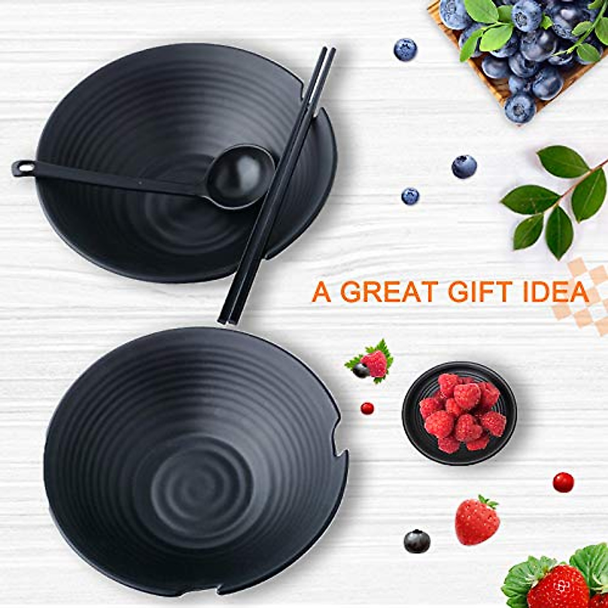 Vivimee Unbreakable Japanese Style Ramen Bowl Set of 2, 37oz Black Large Ramen Bowls and Spoons Set with Chopsticks & Saucers for Pho Thai Miso Udon Soup Noodles or Asian Food, Matte Melamine Bowls