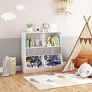 Amyove Kids Toy Storage Organizer, Kids Bookshelf with 2 Bookshelfs, 3 Removement Drawers and 2 Cubbies, Toy Organizers and Storage for Living Room, Kids Bedroom, Nursery, Playroom, White