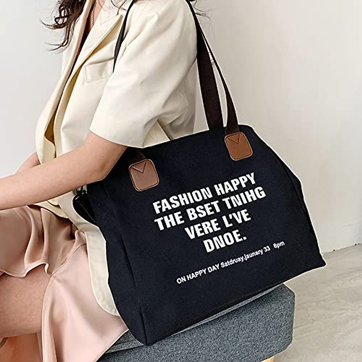 JBB Canvas Tote Bag for Women Trendy Shoulder Bag Large Capacity Tote Bag for Travel School Work Crossbody Bag Black