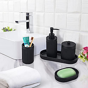 Bathroom Accessory Set,5 PCS Black Bathroom Accessories Set Complete with Lotion Soap Dispenser,Toothbrush Holder,Qtip Holder,Vanity Tray and Soap Dish,Bathroom Decor Countertop Organizer,Matte Black