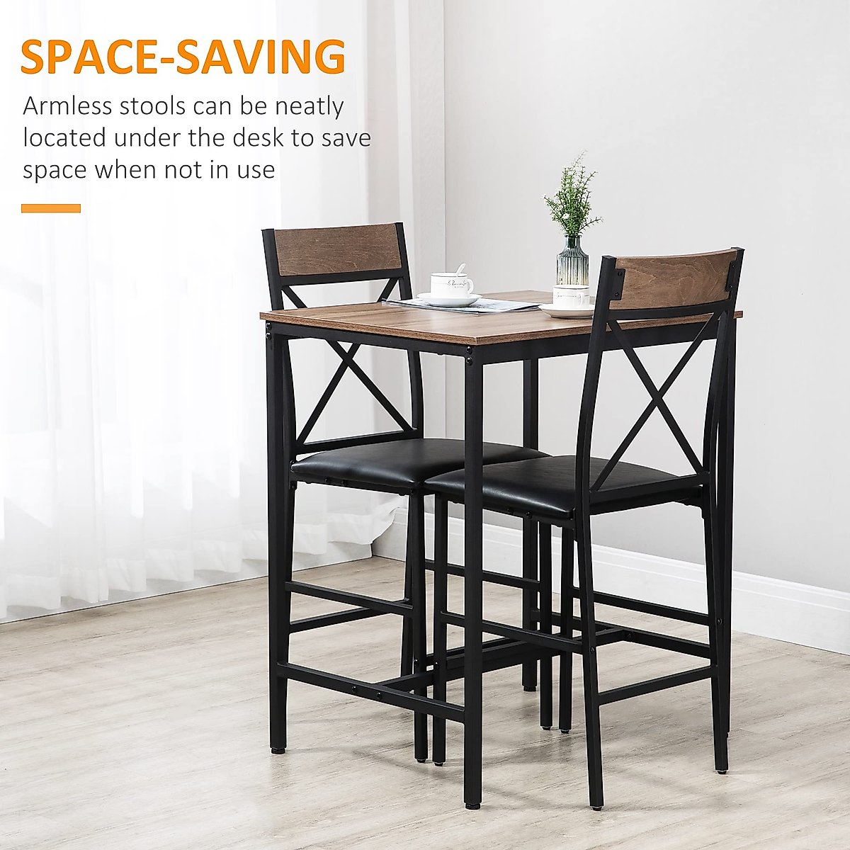 HOMCOM 3 Piece Bar Table and Chairs Set, Dining Table Set with PU Padded Stools and Steel Frame for Kitchen, Small Spaces, Brown