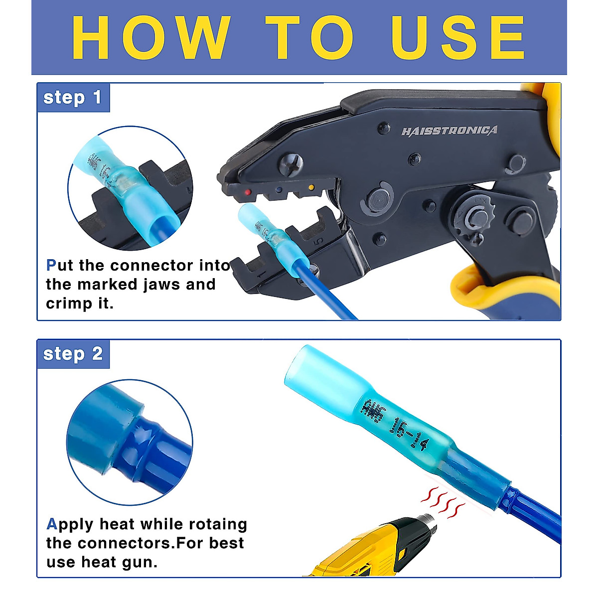haisstronica Crimping Tool For Heat Shrink Set with 200PCS AWG 22-10 Marine Grade Butt Connectors and Wire Stripper