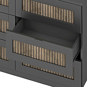 DEYOBED 4-Piece Bedroom Set, Queen Size Charming Farmhouse Platform Bed with Wooden Strip Accents, 2 Nightstands with Storage, Dresser with Metal Handles and Drawers, Queen, Black