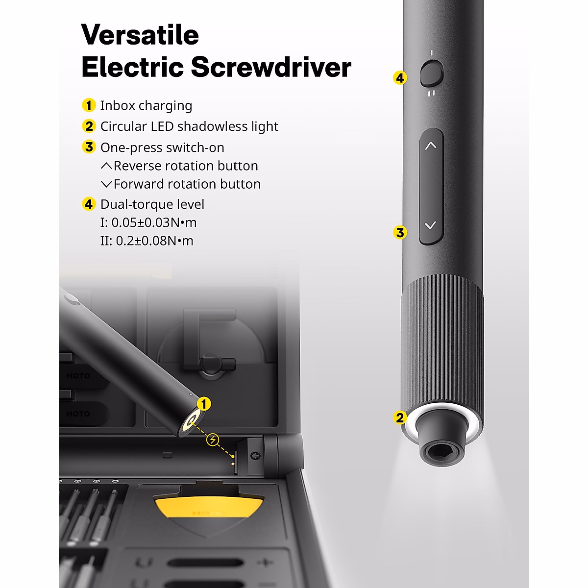 HOTO Electric Precision Screwdriver Set, 48 in 1 Electronics Tool Kit, Magnetic Bits & Box, LED Light & 2 Torque Settings, Mini Screwdriver Set for Eyeglasses, Watches, Phones, Laptops, Cameras Repair