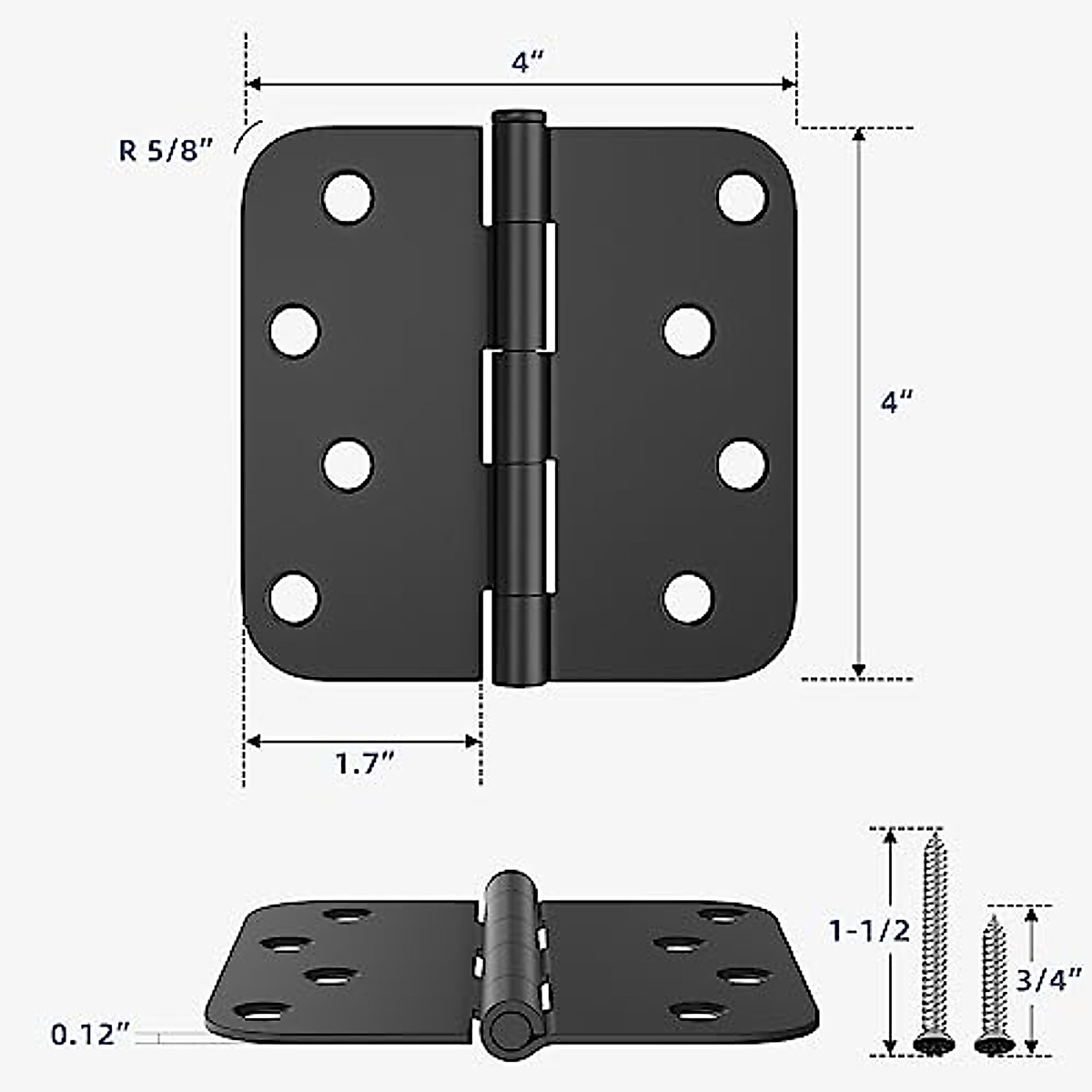 HOSOM 3 Pack Rounded Door Hinges 4 Inch 5/8'' Radius Corner, Matte Black Exterior & Interior Door Hinge for Entryway, Patio, Playhouse & Moe