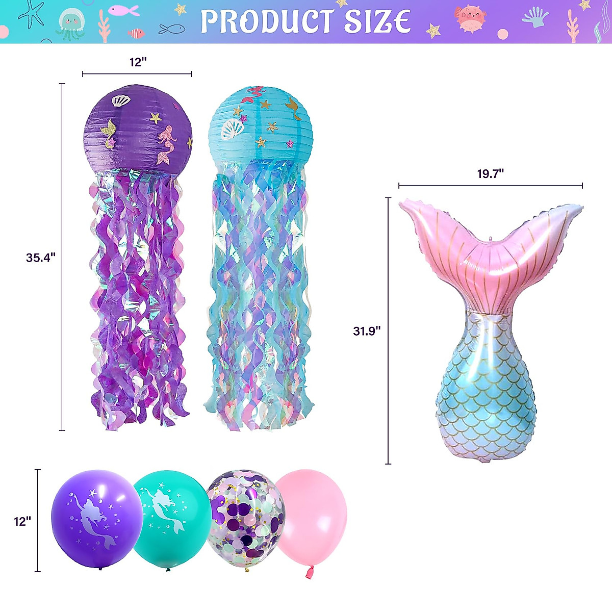Ouddy Life Mermaid Birthday Party Decorations, 48Pcs Happy Birthday Banner Jellyfish Lantern Cake Topper Mermaid Balloons for Little Mermaid Theme Birthday Baby Shower Ocean Party Supplies Favors Girl
