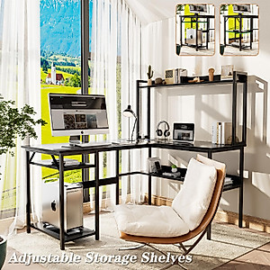 Hyomdeck L Shaped Computer Desk with Hutch and Storage Shelves, Gaming Desk with LED Lights, Reversible L-Shaped Desk with Power Outlets, Home Office Desk, Corner Desk, Black