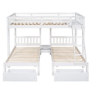 BIADNBZ Full Over Twin & Twin Triple Bunk Bed with Drawers and Guardrails, Solid Wood Bedframe for Kids Teens Adults Bedroom, White
