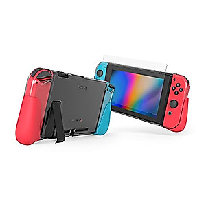 ZAGG Gear4 Kita Grip 360 Slim Case & Screen Protector for Nintendo Switch – Clear Protective Case, Red & Blue Grips, Kickstand, Dock Compatible, D3O Protection +Tempered Glass Screen Protector