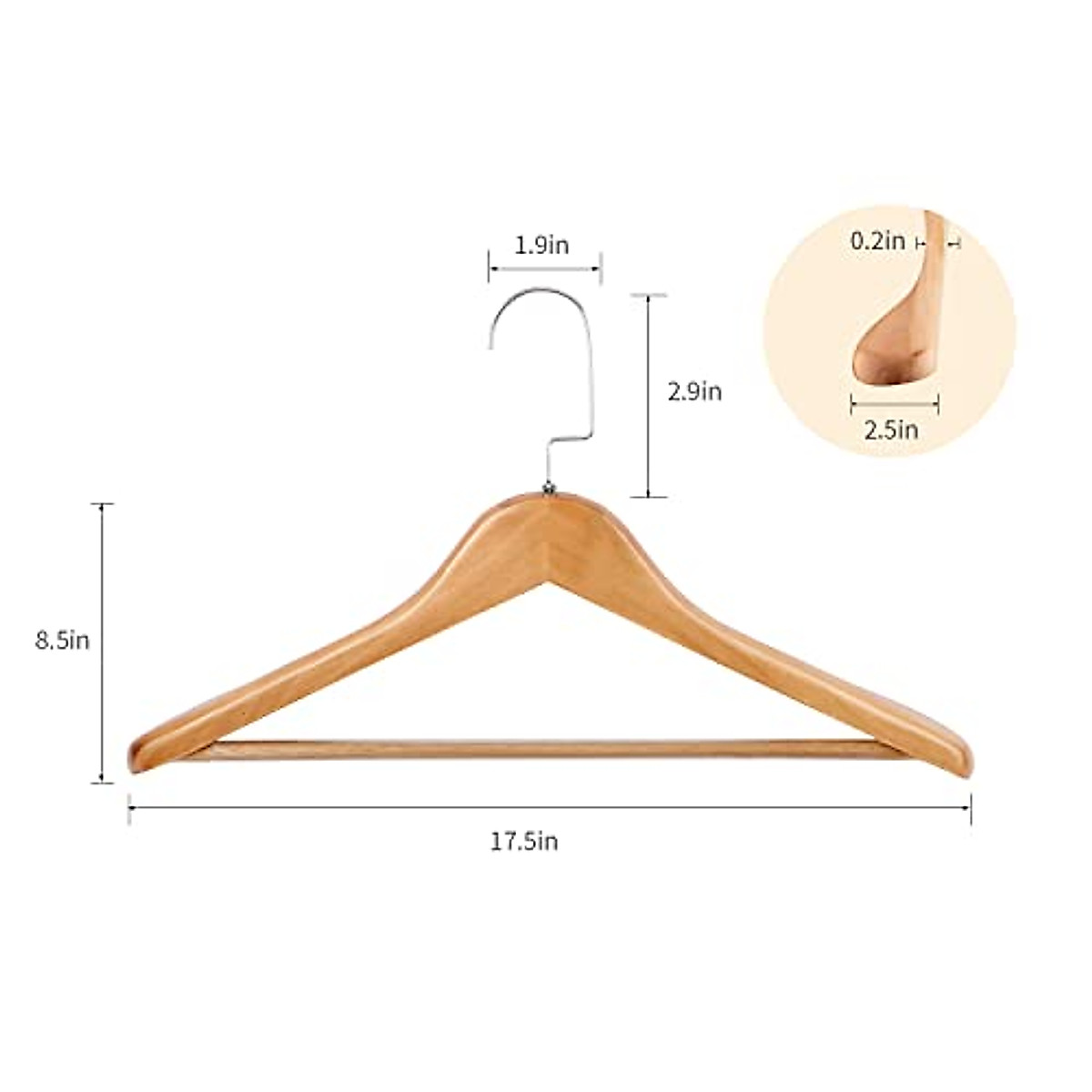 Baoz 10 Pack Solid Wooden Suit Hangers High-Grade Glossy Finish Wide Shoulder Design with Non Slip Pants Bar Swivel Hook for Sweater, Coat, Pants, Heavy Clothes