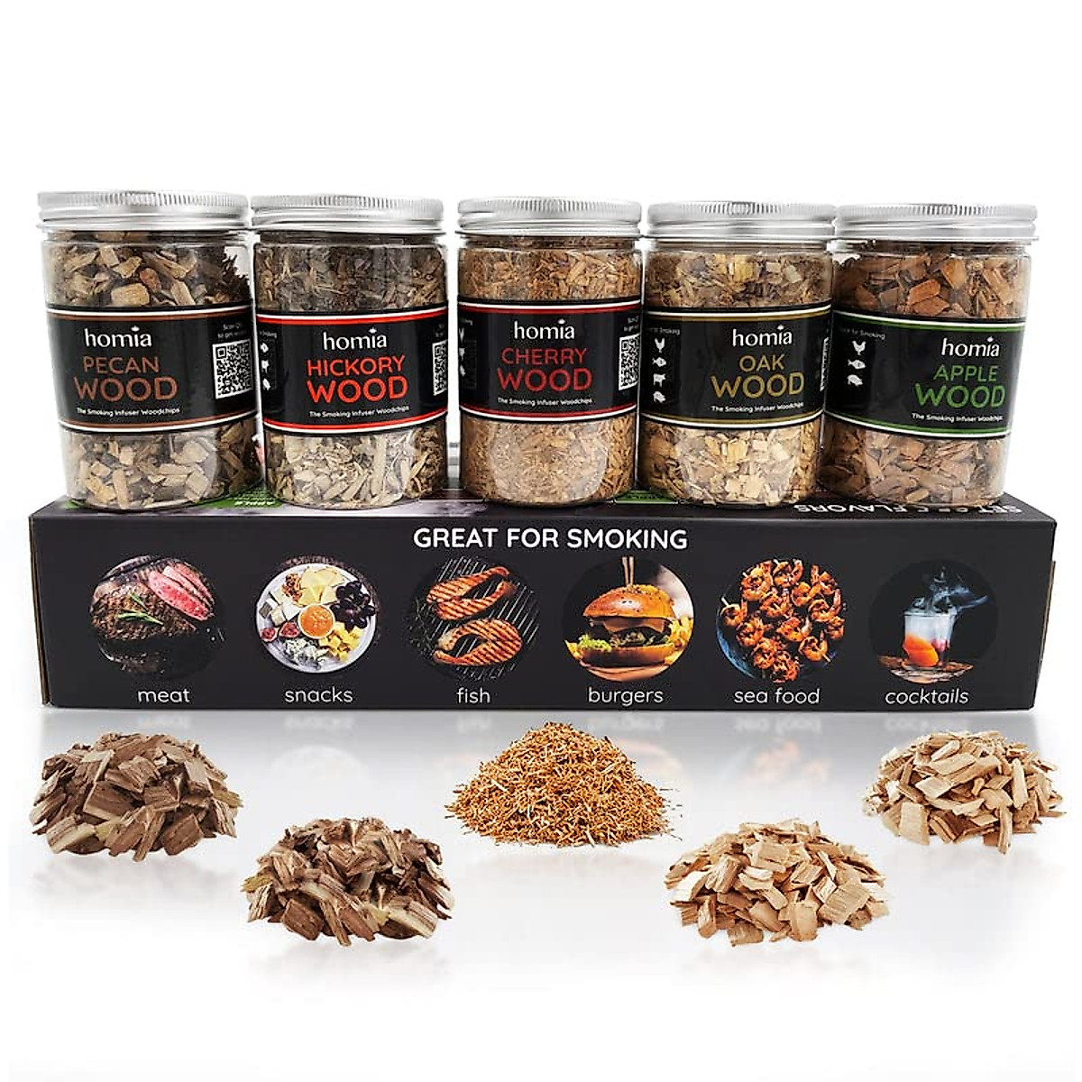 Cocktail Smoker Kit of Wood Chips, 5 pcs x 8.4 oz - Apple Wood, Cherry Wood, Hickory Wood, Pecan Wood, Oak Wood for Food Smoker for Smoking Infuser and Cocktail Smoker