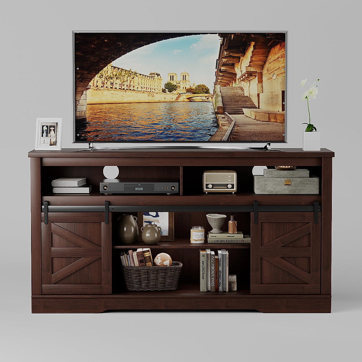 JUMMICO Fireplace TV Stand for 65+ Inch TV with 26'' Fireplace Entertainment Center with Storage Cabinet and Adjustable Shelves, Media Console with Sliding Barn Door for Living Room (Brown)