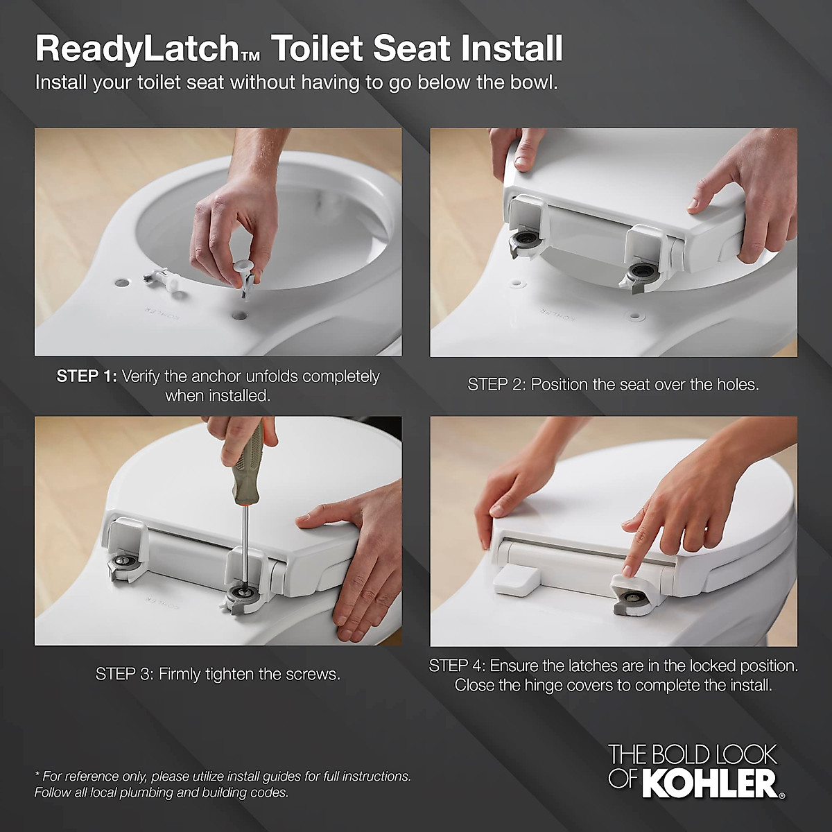 KOHLER 24495-A-0 Border ReadyLatch Elongated Toilet Seat, Quiet-Close Lid and Seat, Grip-Tight Bumpers and Installation Hardware, White